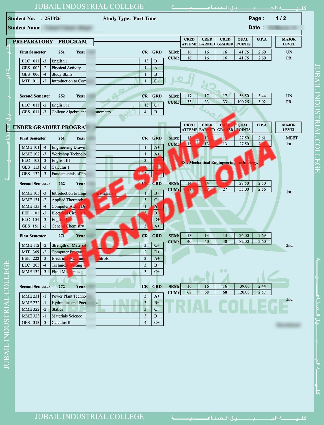 Phony Diploma - Fake Transcript Samples